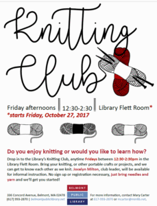 Knitting Club flyer - Belmont Public Library